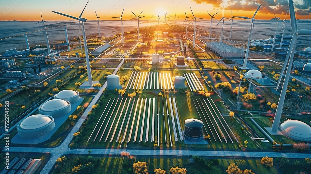 An industrial area, divided into photovoltaic area, wind energy area ...