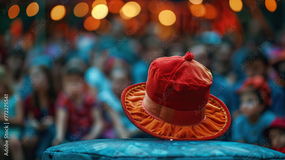 World Circus Day. Holiday concept. rear view of kid wearing red joker ...