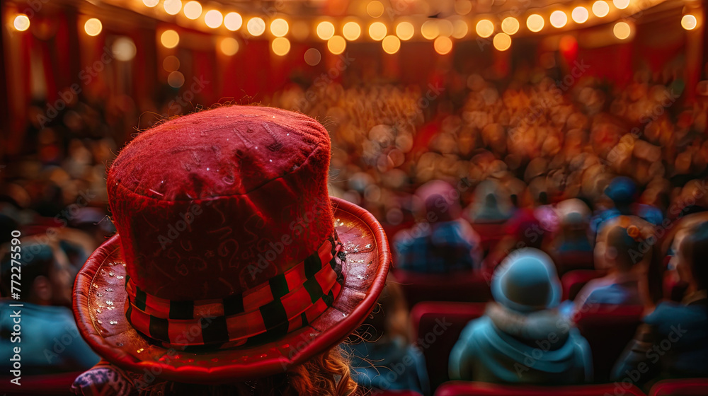 World Circus Day. Holiday concept. rear view of kid wearing red joker ...