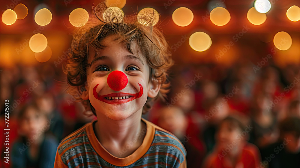 World Circus Day. Holiday concept. a happy young kid in a circus with ...