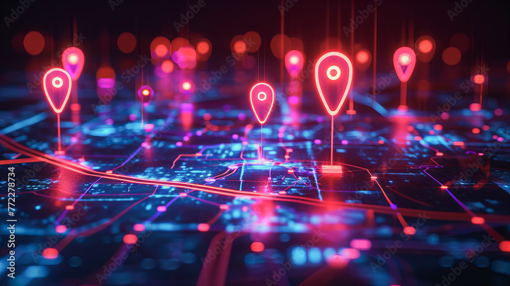 Mapa da cidade em estilo tecnológico, com pontos de referência em tons ...
