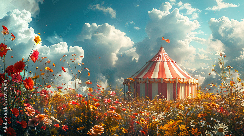 World Circus Day. Holiday concept. circus tent in spring flowers and ...