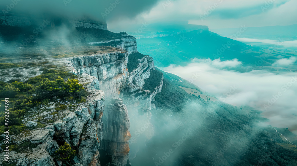 A large cliff dominates the landscape with a very tall and slender rock ...