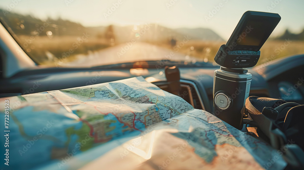 Mapa de papel aberto dentro do veículo, em contraste com o GPS moderno ...