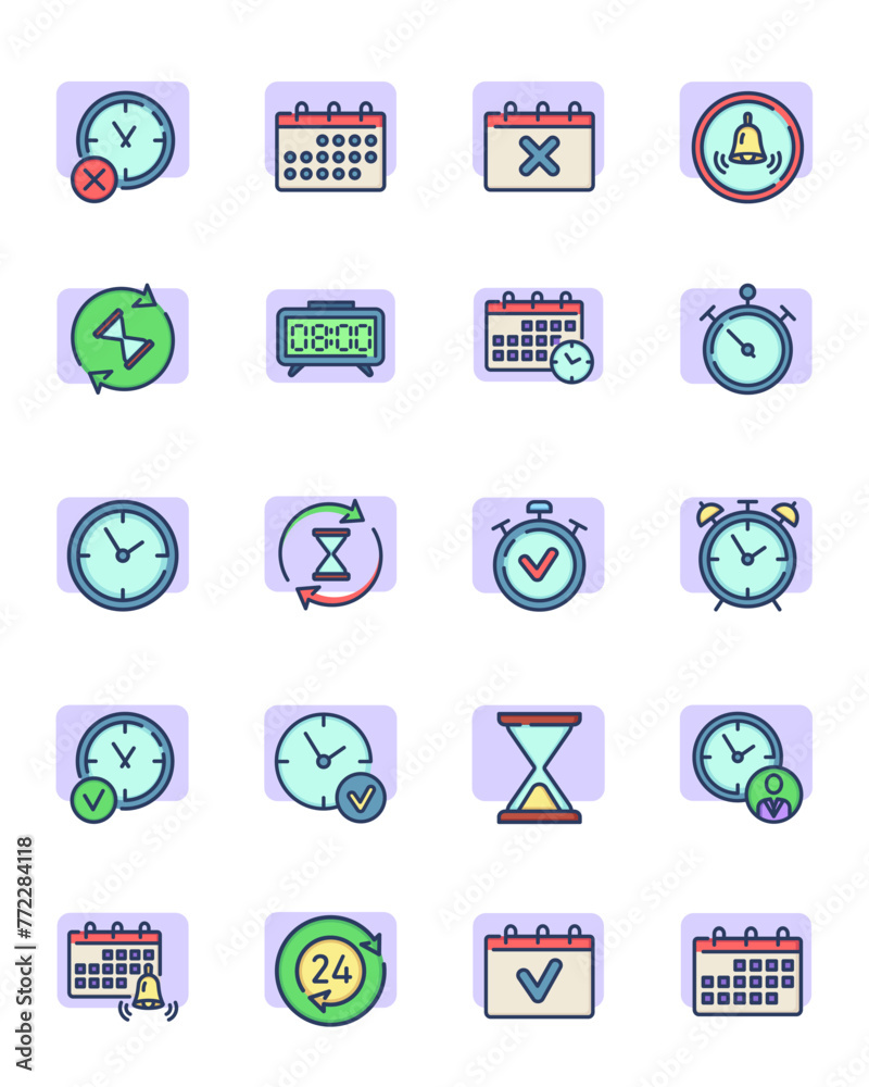 Calendars and clocks thin outline icon set. Timekeeper, stopwatch, timers, alarm clock, and ...