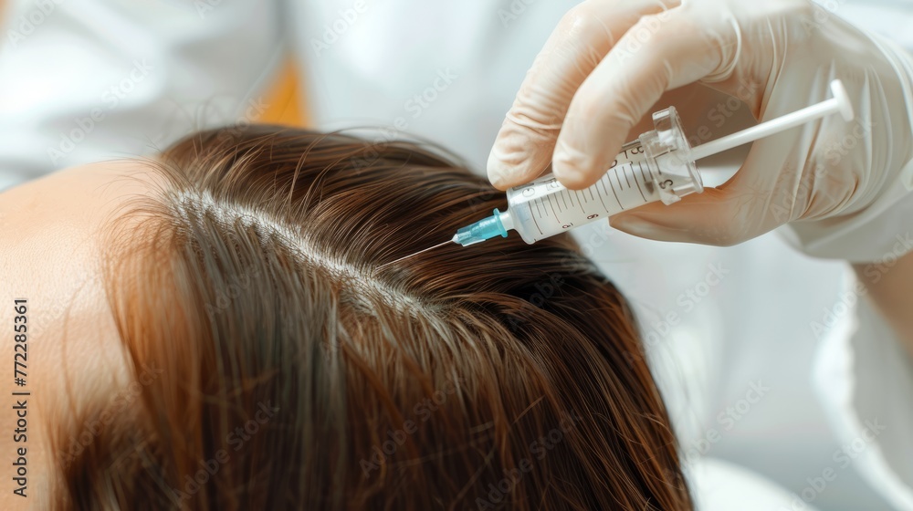Hair regeneration, Plasma injection into the hair on a woman 's head .a ...