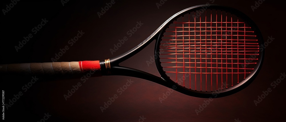 A tennis racket with a ball balanced on its strings, the side lighting ...