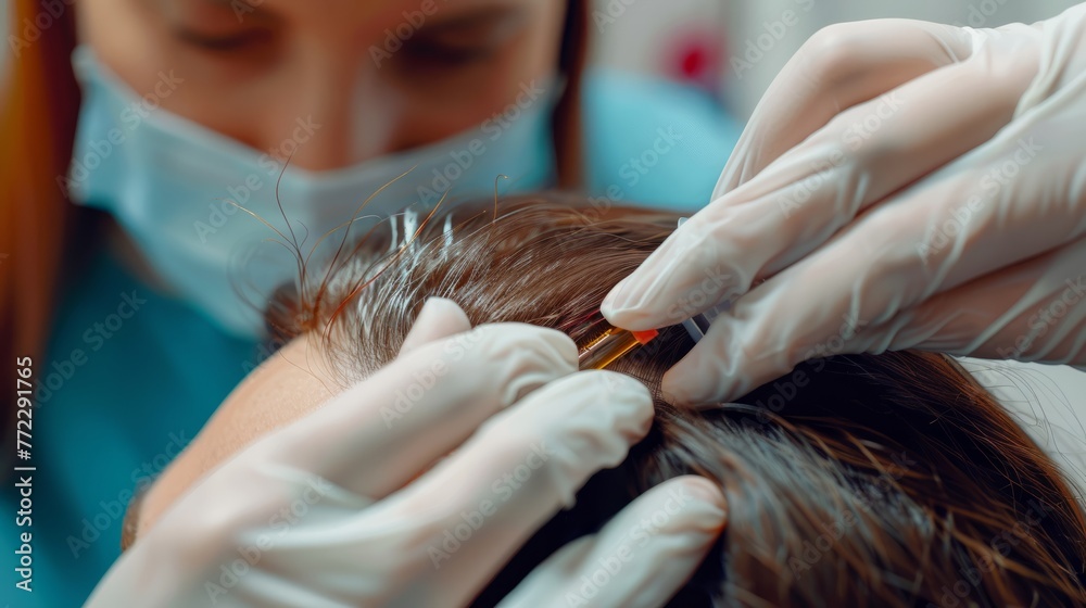 Hair regeneration, Plasma injection into the hair on a woman 's head .a ...