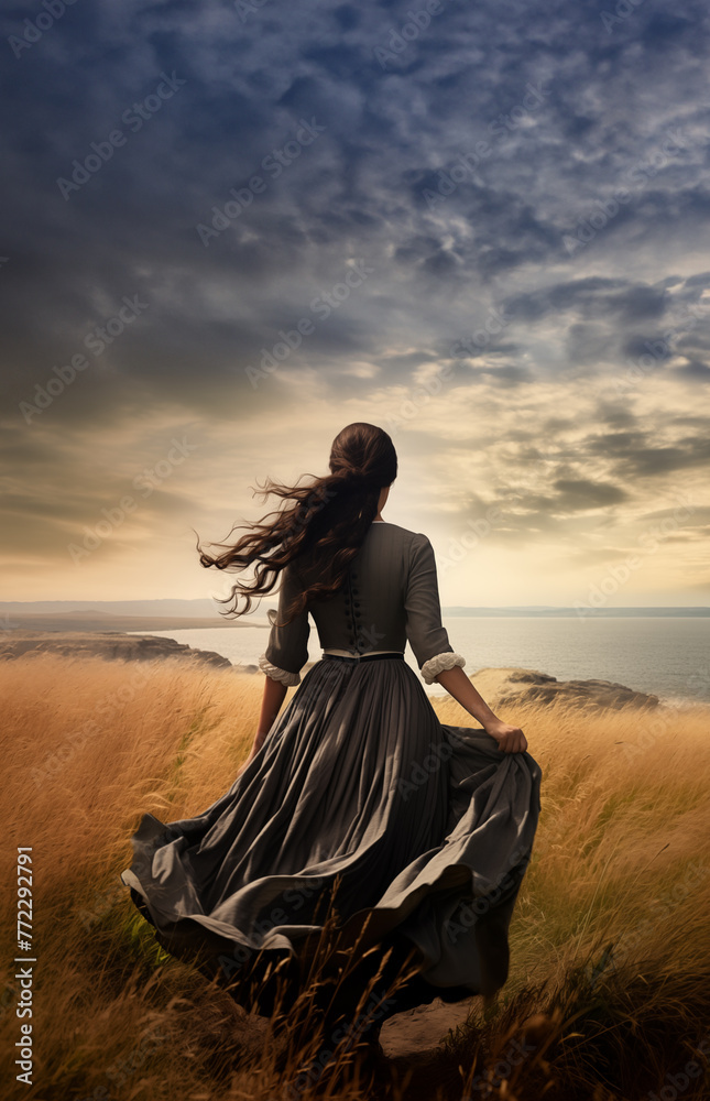 Long black hair in the wind. Back view of a pretty young Early American ...