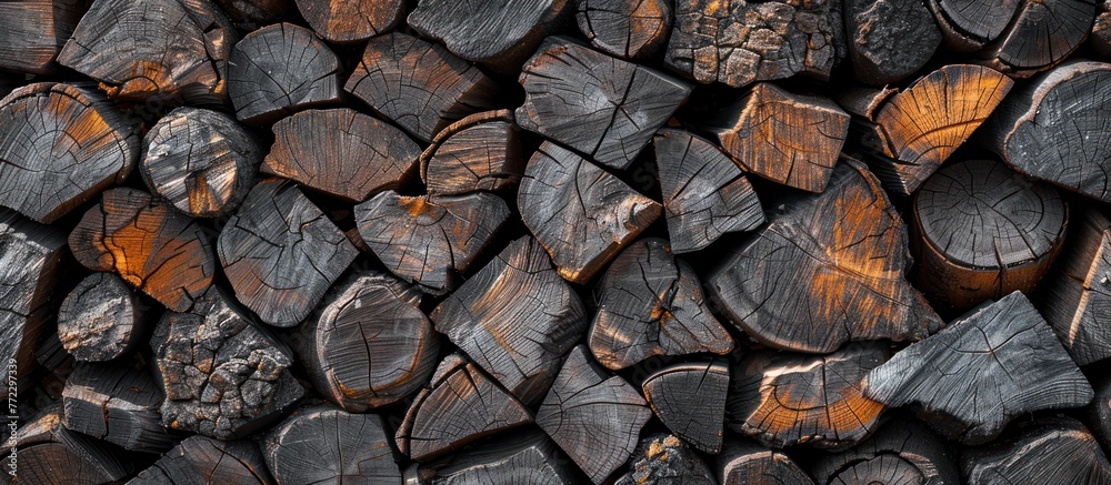 A pile of seasoned firewood logs neatly cut in half, revealing the ...