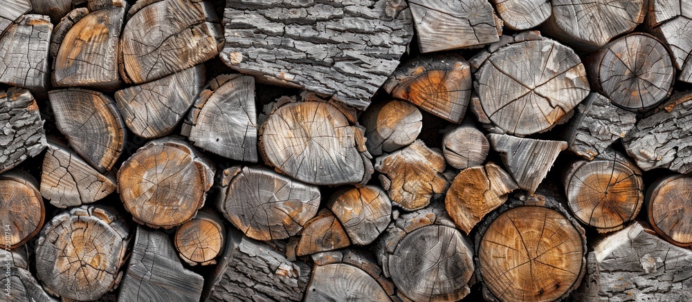A pile of seasoned firewood logs that have been cleanly cut in half ...