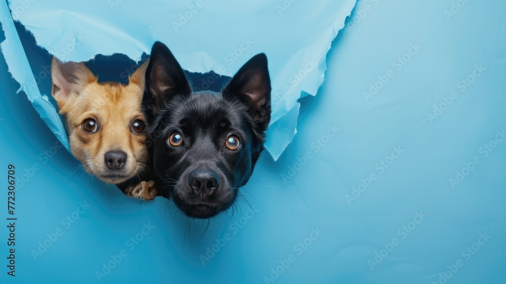 Two curious dogs peeking through torn paper - Adorable duo of a black ...