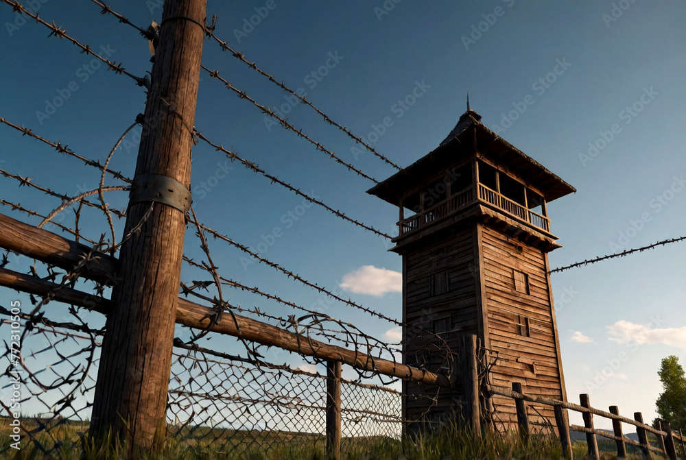 Prison tower and barbed wire fence. Wooden tower with room for guard of ...