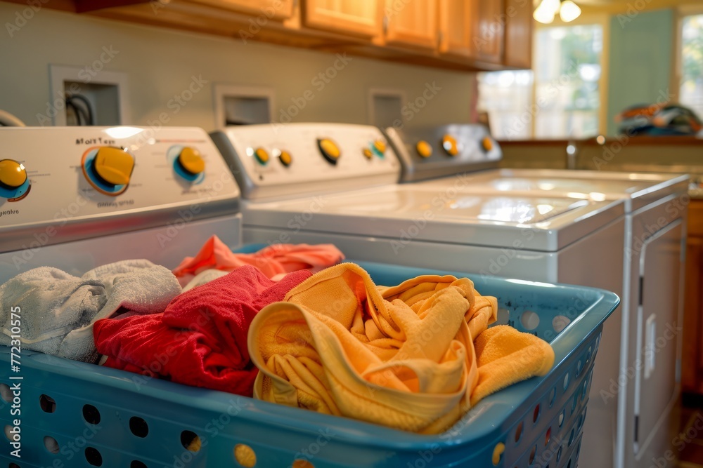 Bright Laundry Room Interior with Modern Washer, Dryer, and Basket of ...