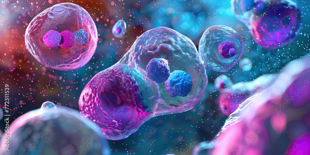Complex 3D illustration of a cell membrane with a variety of cell types ...