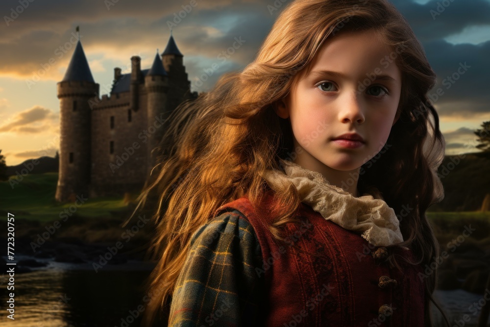 Picturesque Scot girl scottish castle. Cute historic travel. Generate ...