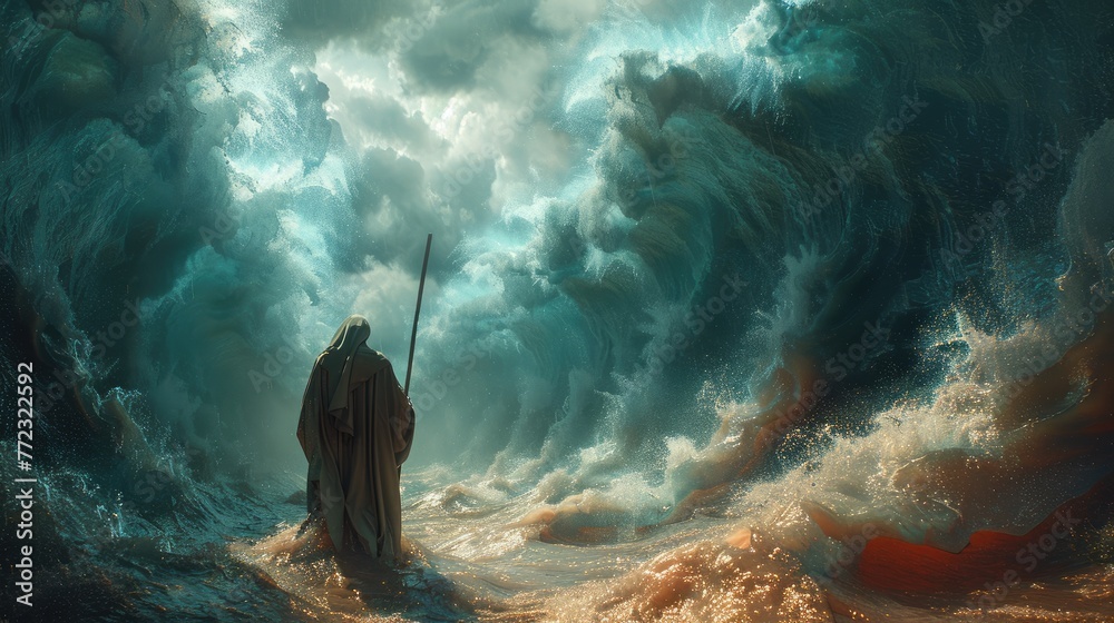 Portrait of the biblical back view of Moses dividing the sea with his ...