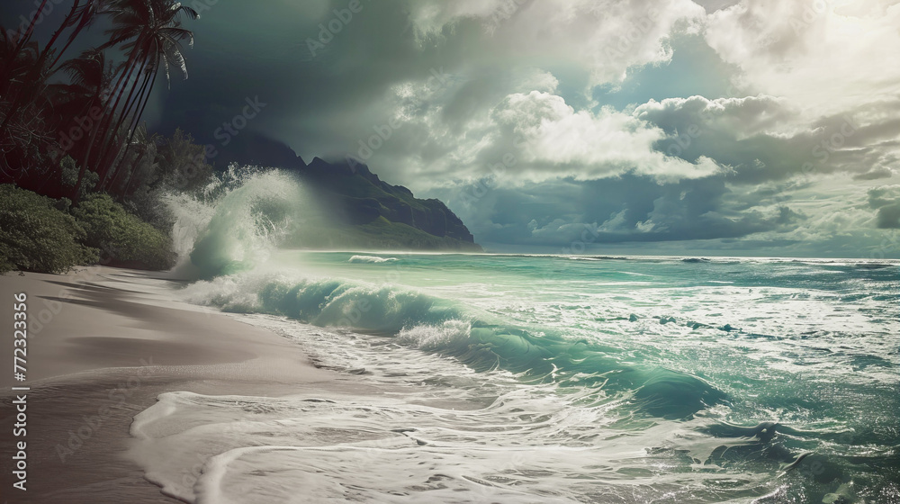 Praia com grandes ondas em um mar azul agitado, sob um céu repleto de ...