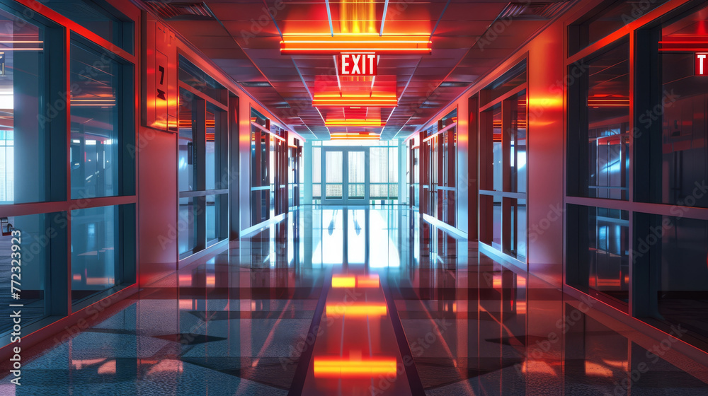 Illuminated exit signs, ensuring clear evacuation routes Stock ...