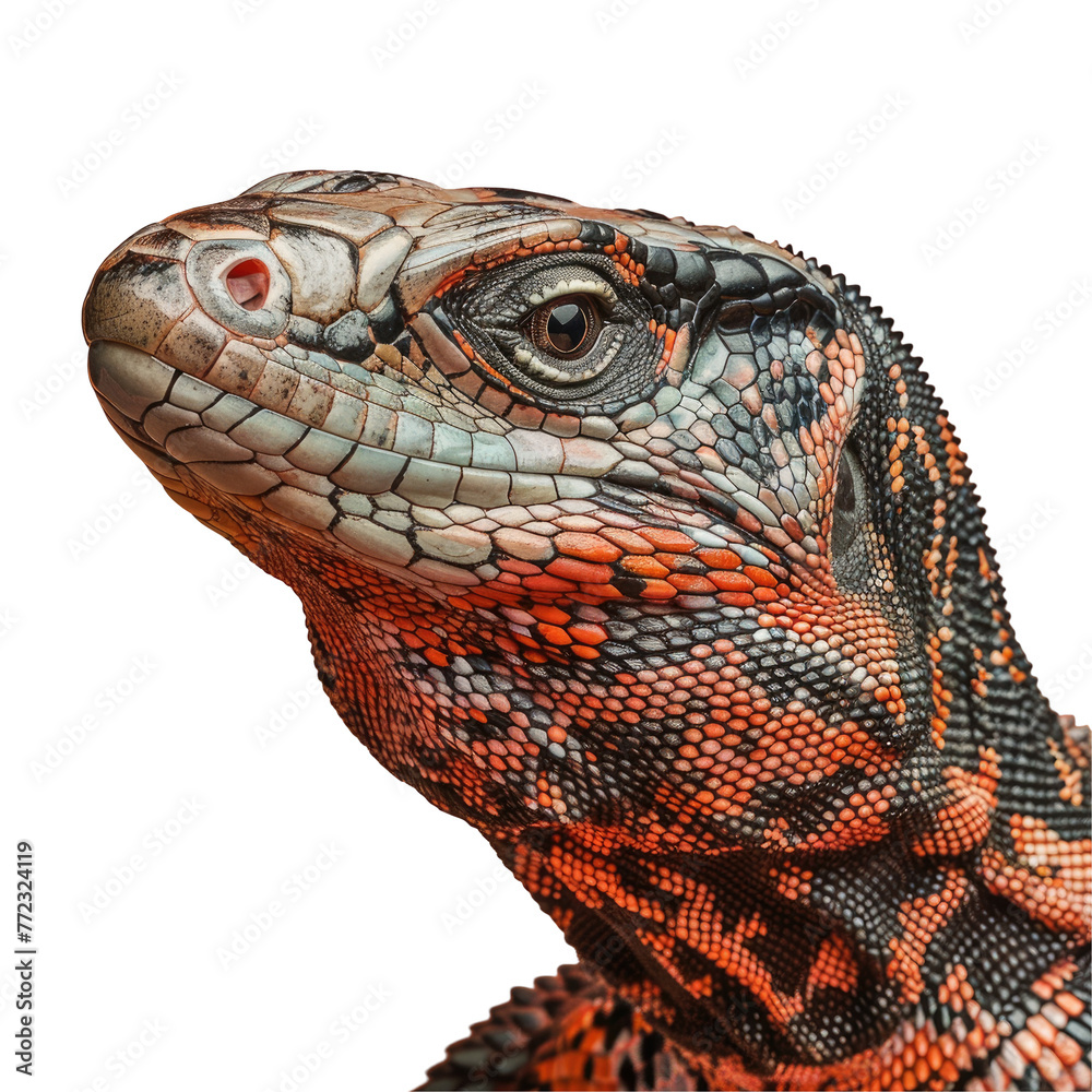 Closeup of a scaled reptiles head against a transparent background on a ...