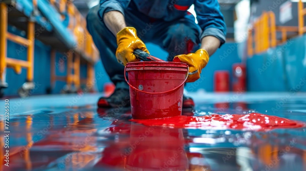 Worker applying red epoxy resin bucket on floor. marking the floor of ...