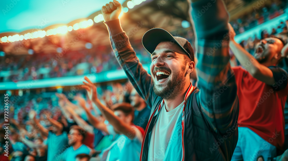 Crowd of sports fans cheering during a match in stadium. Excited people ...