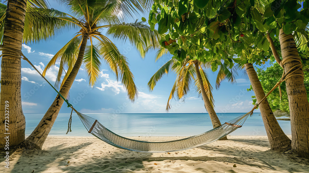 Uma rede de descanso armada entre as palmeiras em uma bela praia ...
