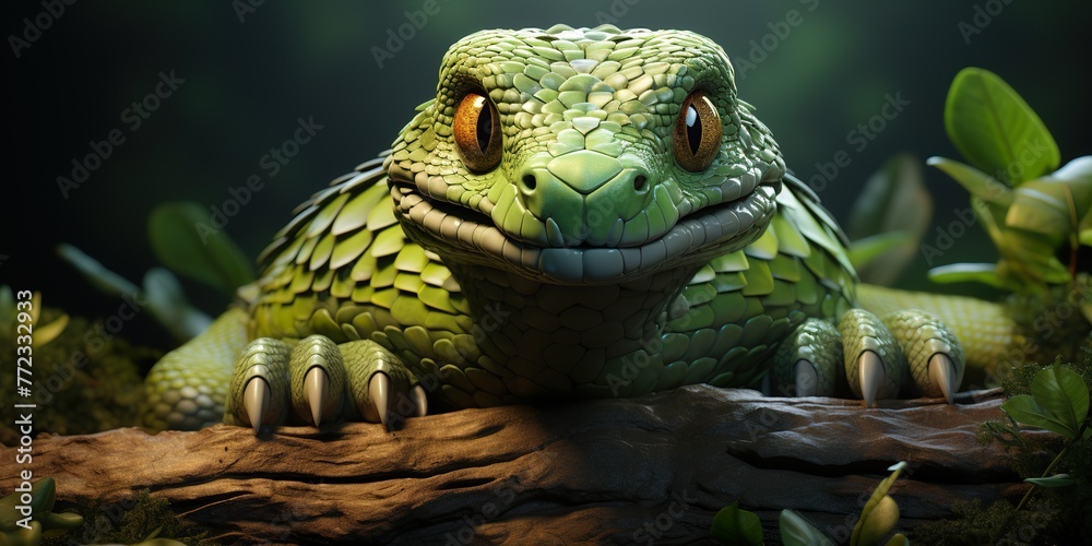 Envision a cute snake with a friendly smile, its slithery motion ...