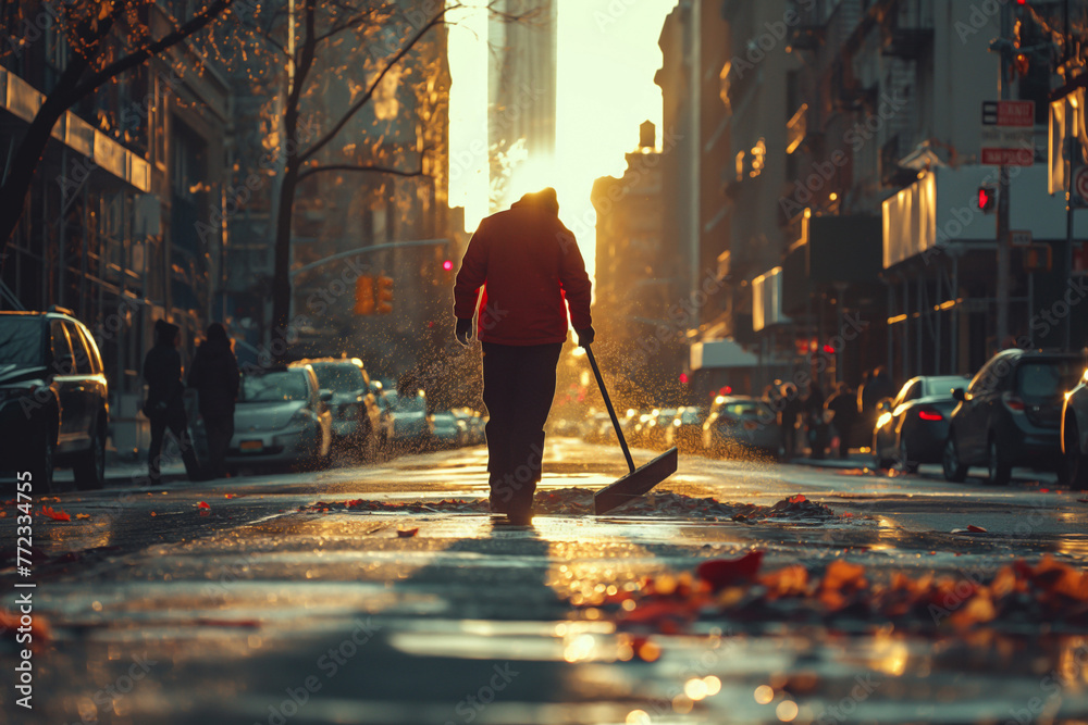 Man road sweeper caretaker cleaning with broom tool street cleaner ...