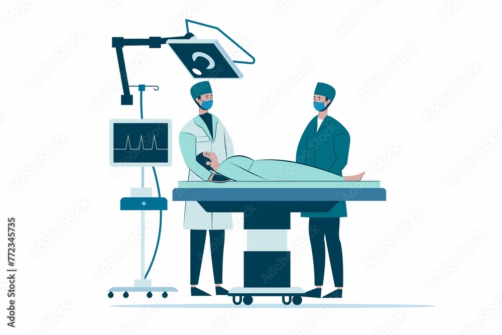 Patient lying on a hospital bed with medical staff doctors around him ...