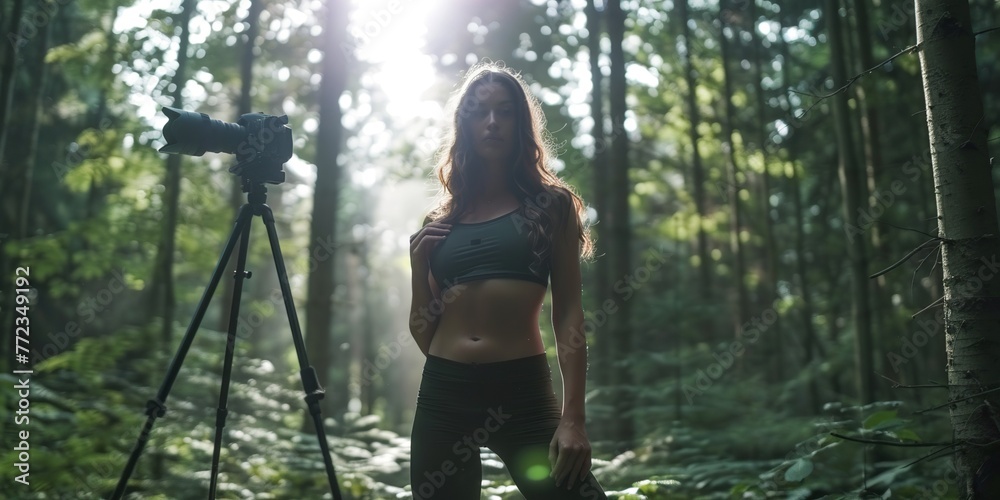 Beautiful young bushcraft woman wearing a tight top and leggings in the ...