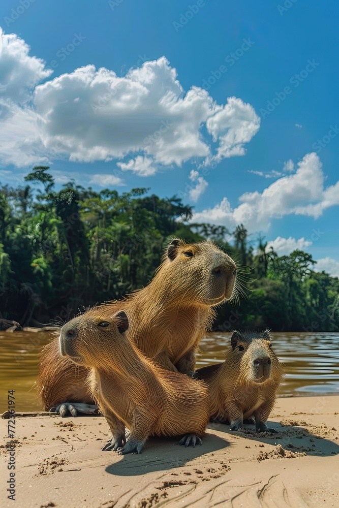 Hydrochoerus hydrochaeris. An adult large capybara and its cubs on the ... Hydrochoerus hydrochaeris. An adult large capybara and its cubs on the ...