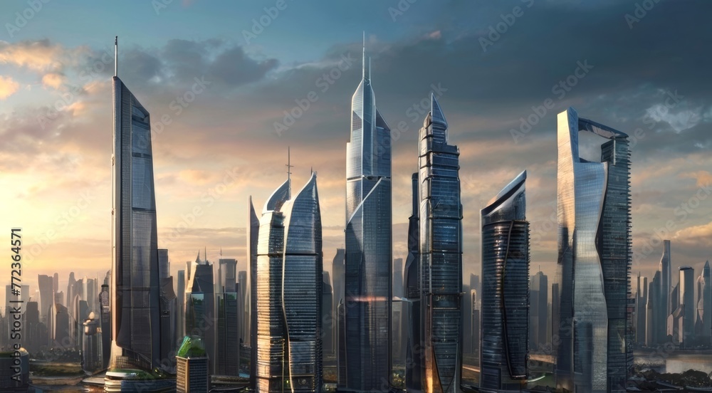 Futuristic cityscape with skyscrapers. Modern city skyline. Sleek ...