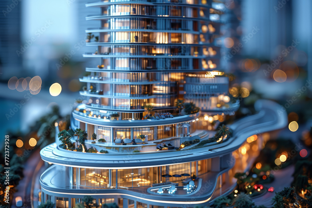 Detailed scale model of a modern skyscraper with miniature trees ...