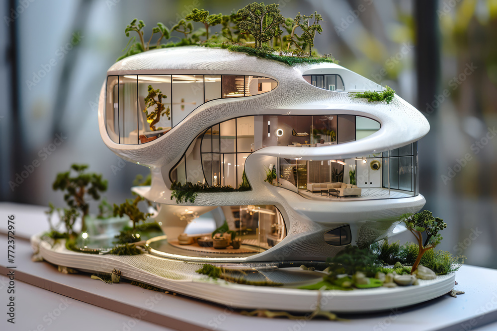 An illuminated scale model of a modern, futuristic building, showcasing ...