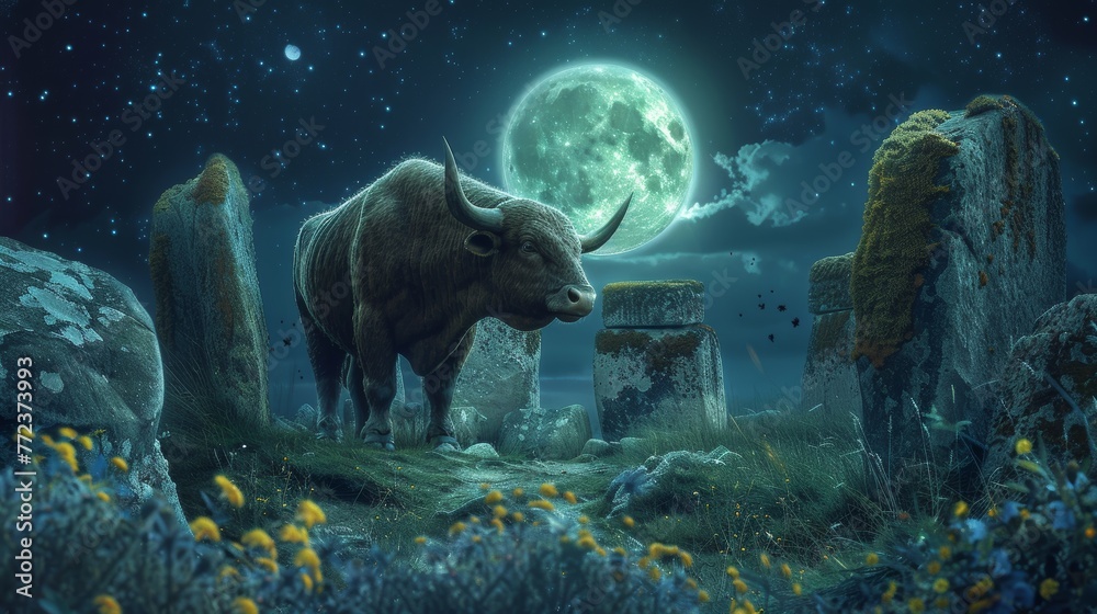 An ancient stone circle under the full moon, with the Taurus ...