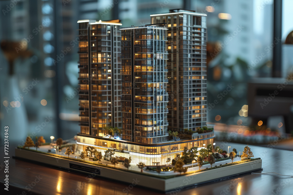 Detailed scale model of a modern skyscraper with miniature trees ...