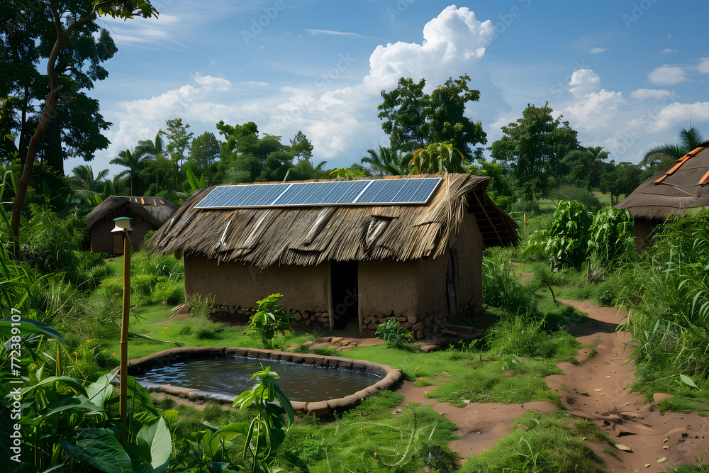 A traditional mud hut with a thatched roof equipped with a modern solar ...