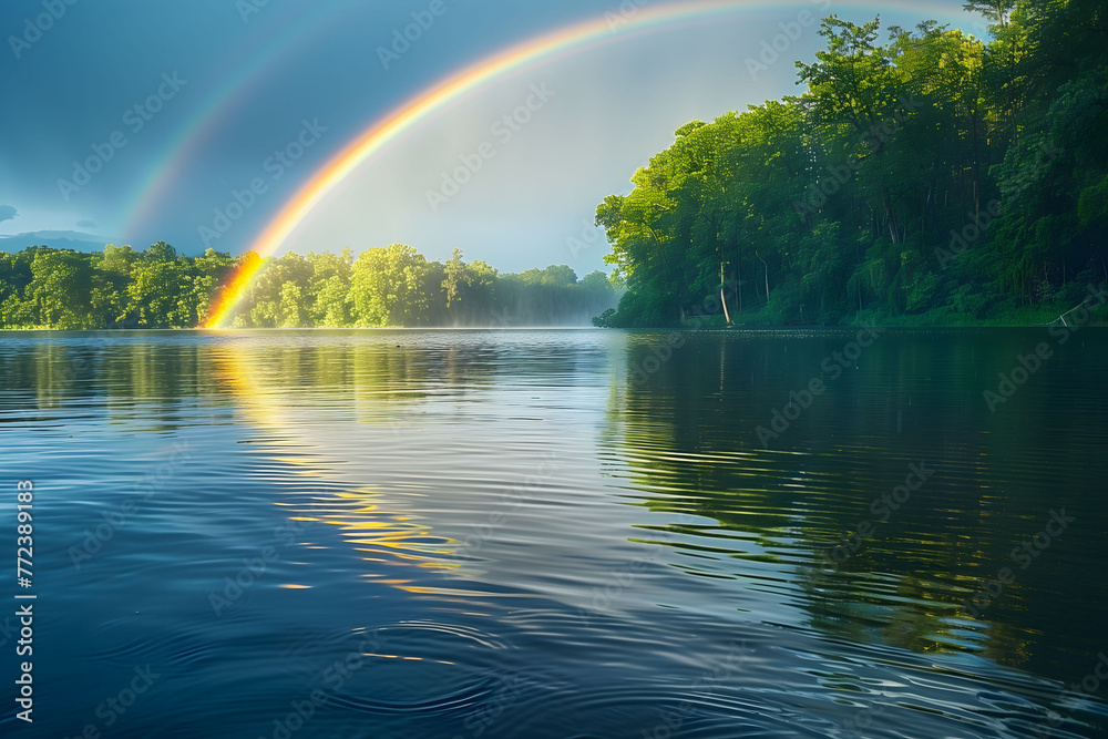 Double Rainbow Over a Serene Lake and Lush Forest. A tranquil lake ...
