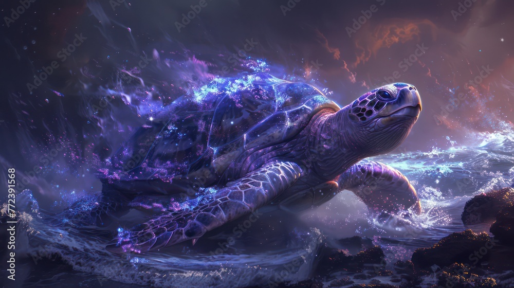 A vibrant and surreal depiction of a sea turtle gliding through a ...