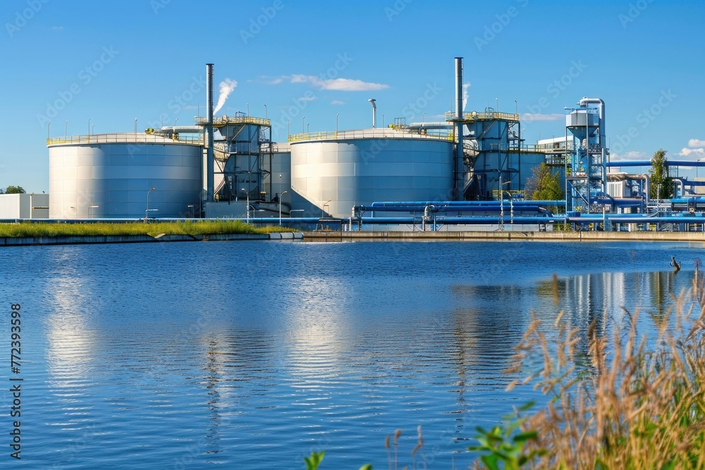 Hydrogen production plant, large metal storage tanks near lake or river ...