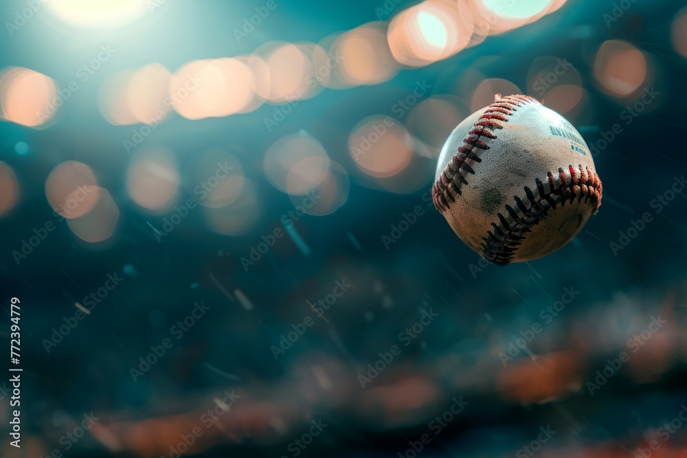 baseball ball floating in air in a frozen moment with blurred base and ...