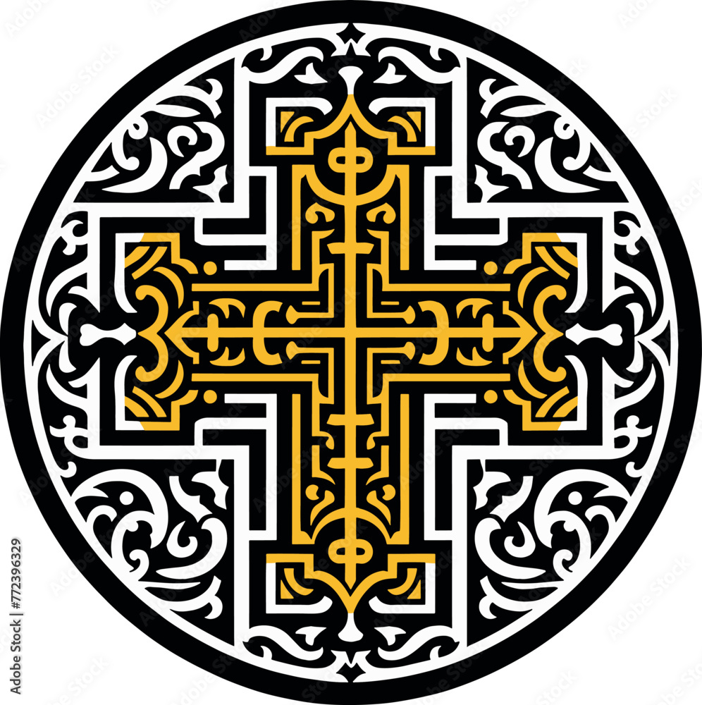 Vector illustration of an ornamental Christian cross, featuring a ...