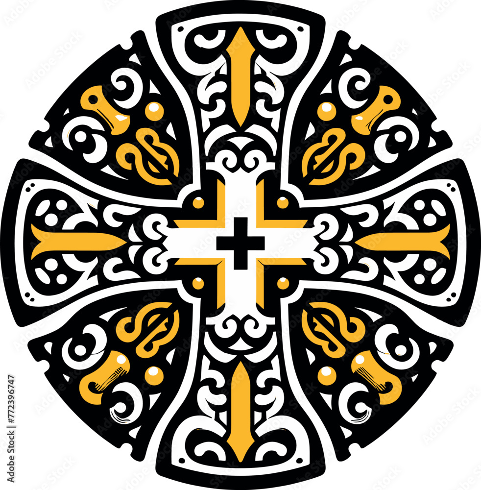 Vector illustration of an ornamental Christian cross, featuring a ...