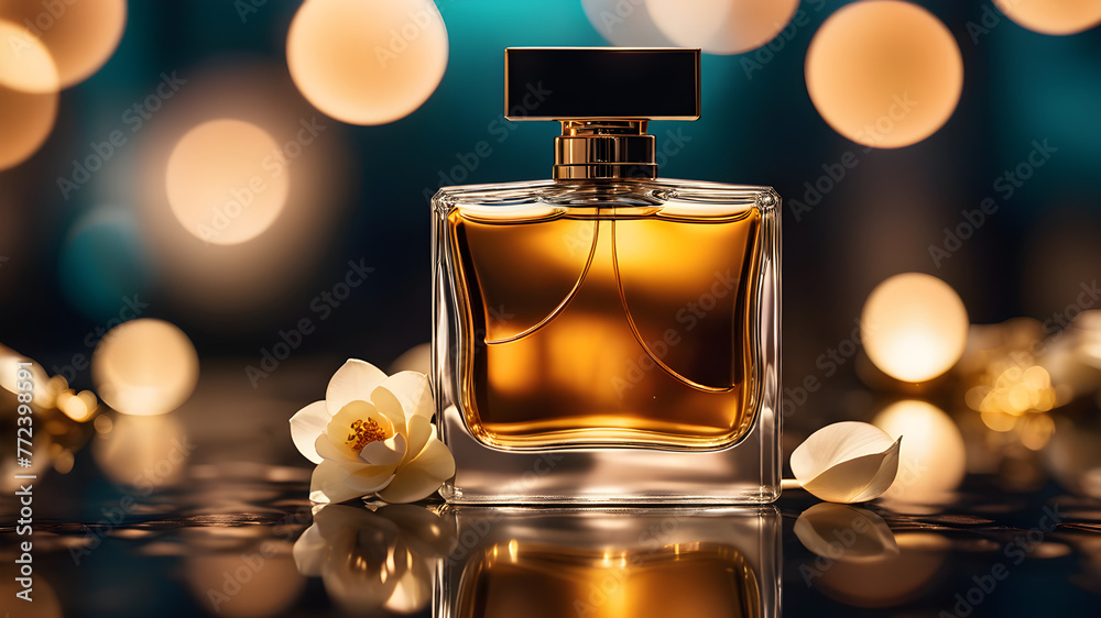 Imagine a golden perfume bottle surrounded by tags like glass, liquid ...