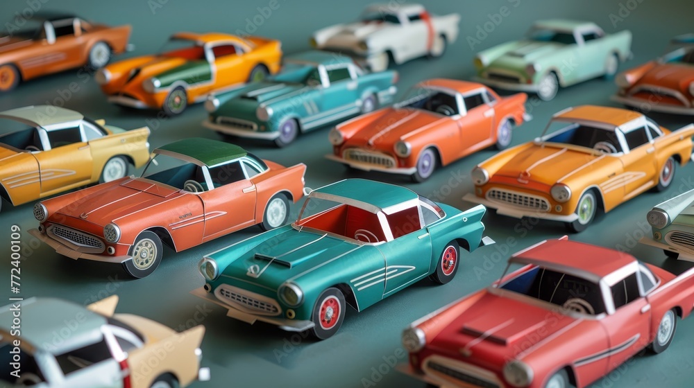 A row of paper cars are lined up on a table. The cars are of various ...