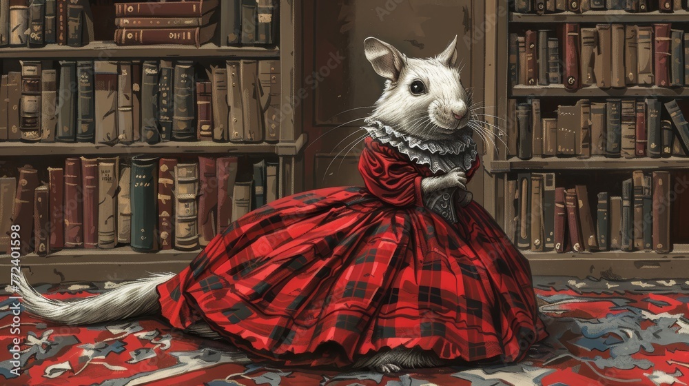 A portrait of a mouse in a red and black dress on a bed before a ...