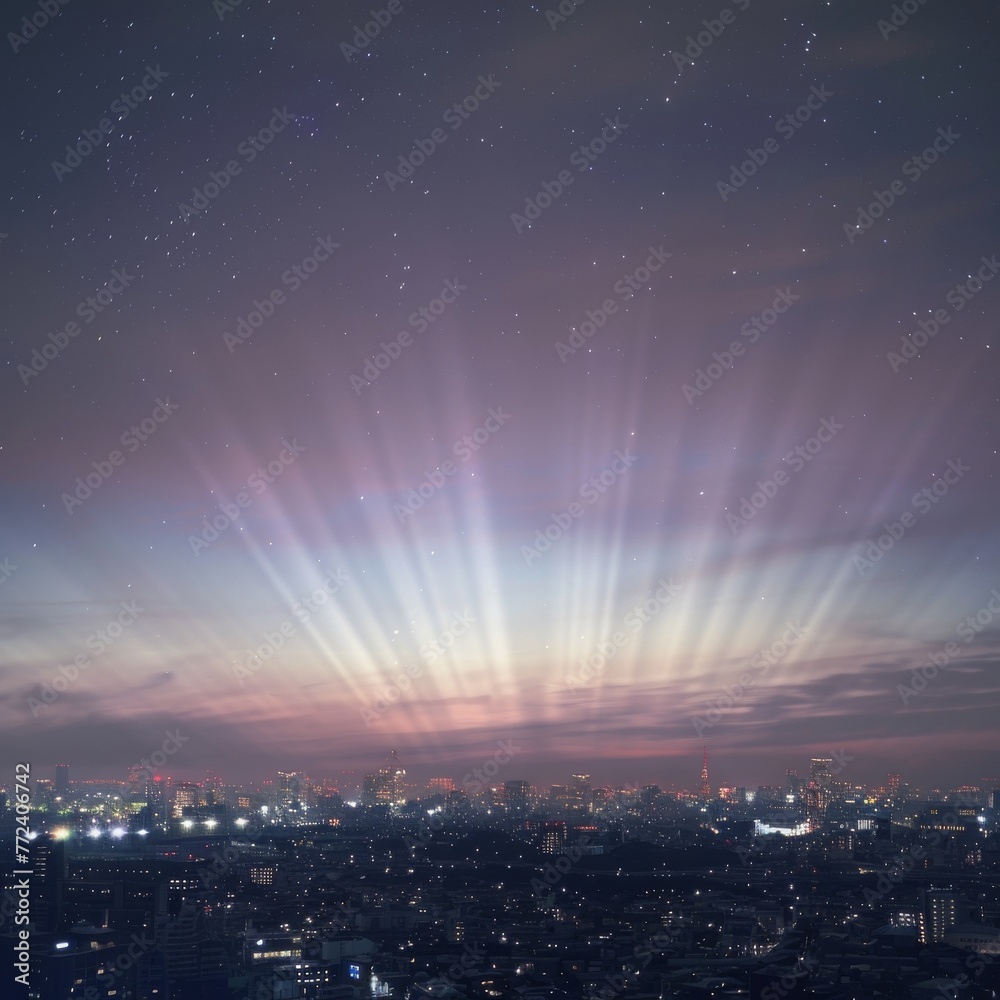 The phenomenon of skyglow over cities, visualizing the dome of light seen from distant ...