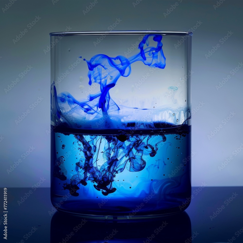 Chemical reaction in a beaker, showing a sudden color shift from clear ...