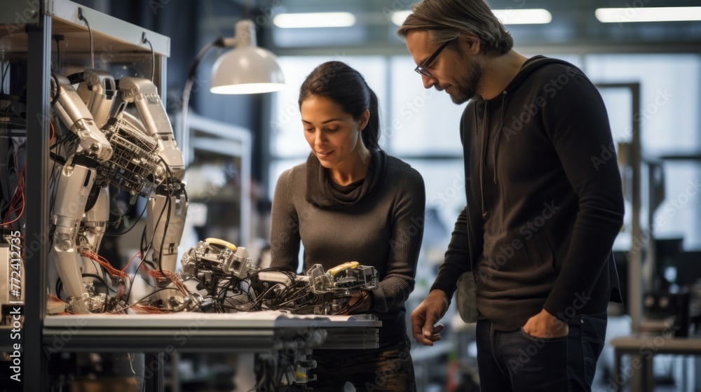 Young intelligent female and male Engineers, scientists are working on ...